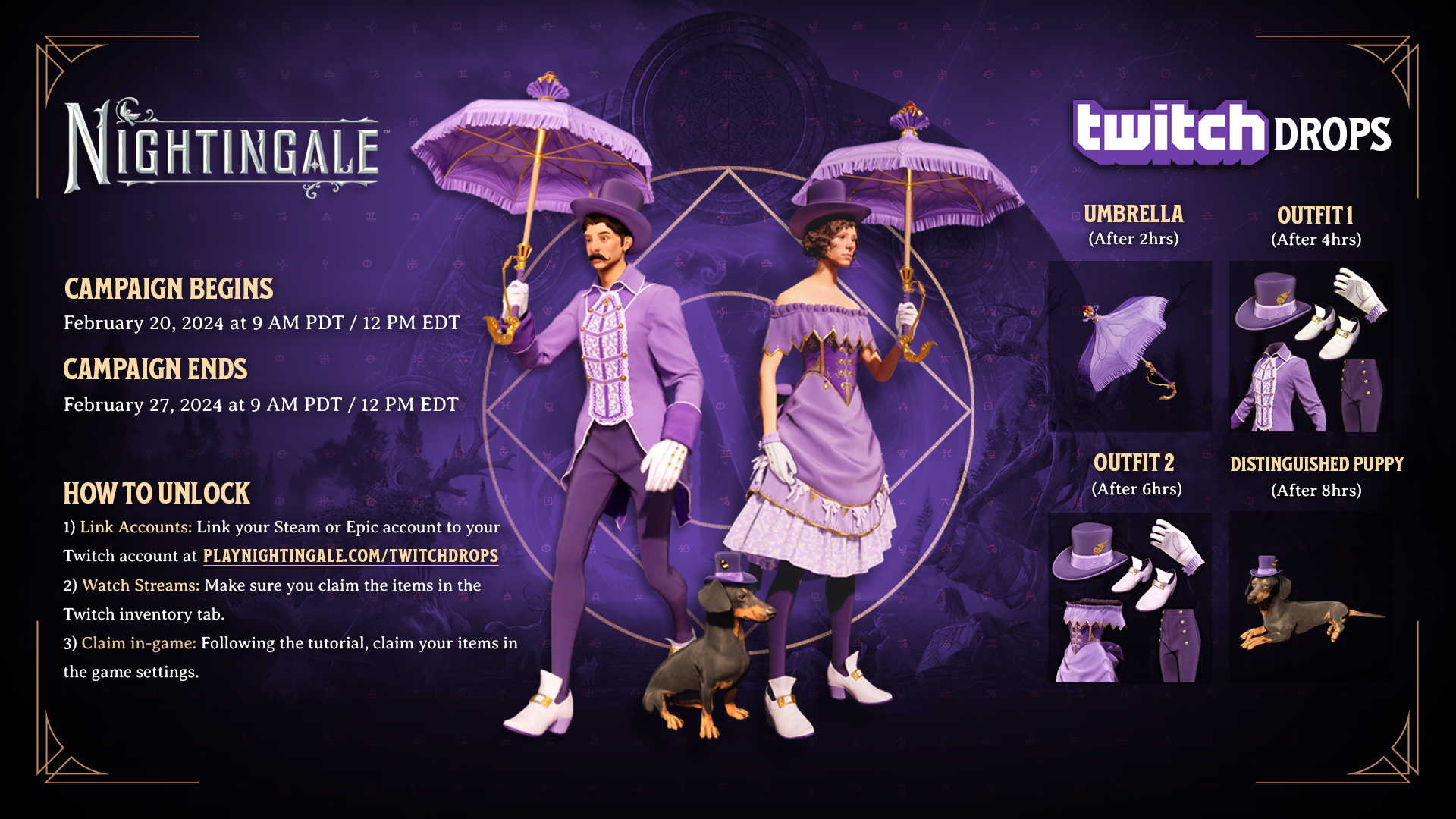 Nightingale Twitch Drops - Purple Outfits, Umbrella, and | GameWatcher